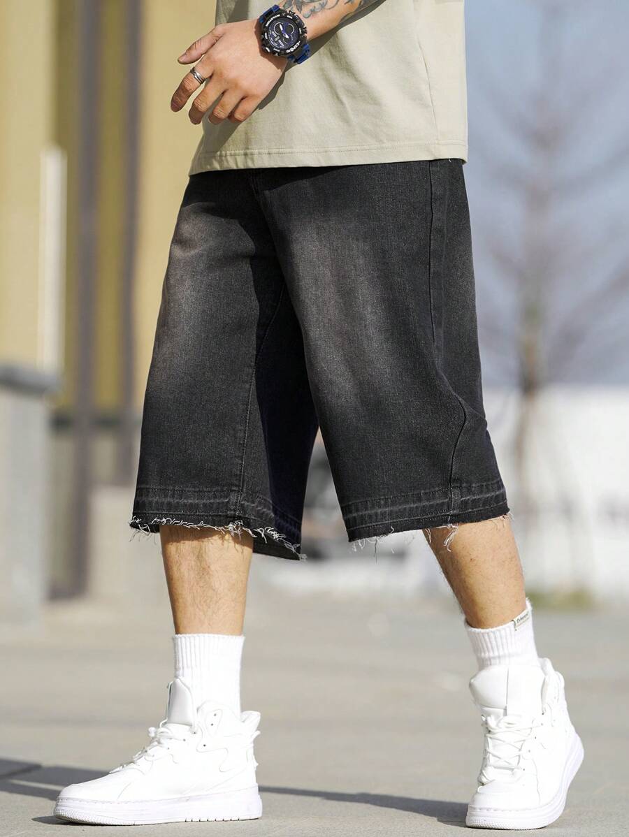 Manfinity Hypemode Men's Frayed Loose Fit Denim Shorts Baggy Jorts Plain Black Going Out Vintage ...