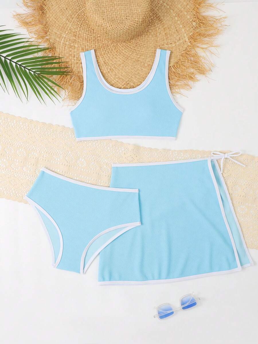 Three-Piece Swimwear Set For Tween Girls With Color Block Detailing And ...