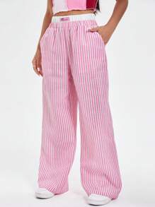 SHEIN MOD Women's Elastic Waist Striped Color Block Wide Leg Pants ...