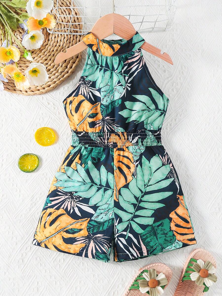 SHEIN Little Girls' Halter Neck Sleeveless Floral Print Romper With ...