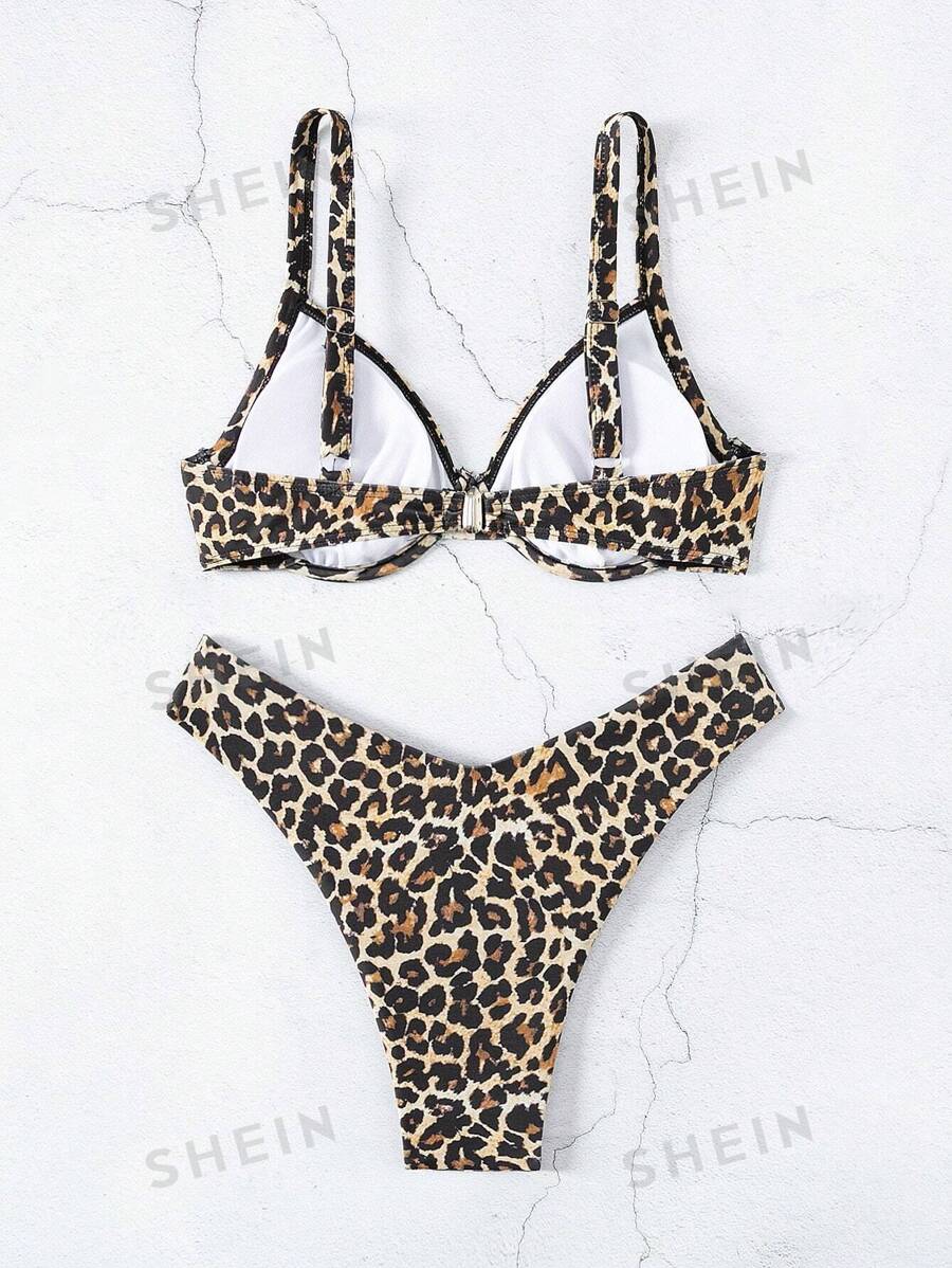 Womens Leopard Print V Neck Split Swimsuit Shein Usa