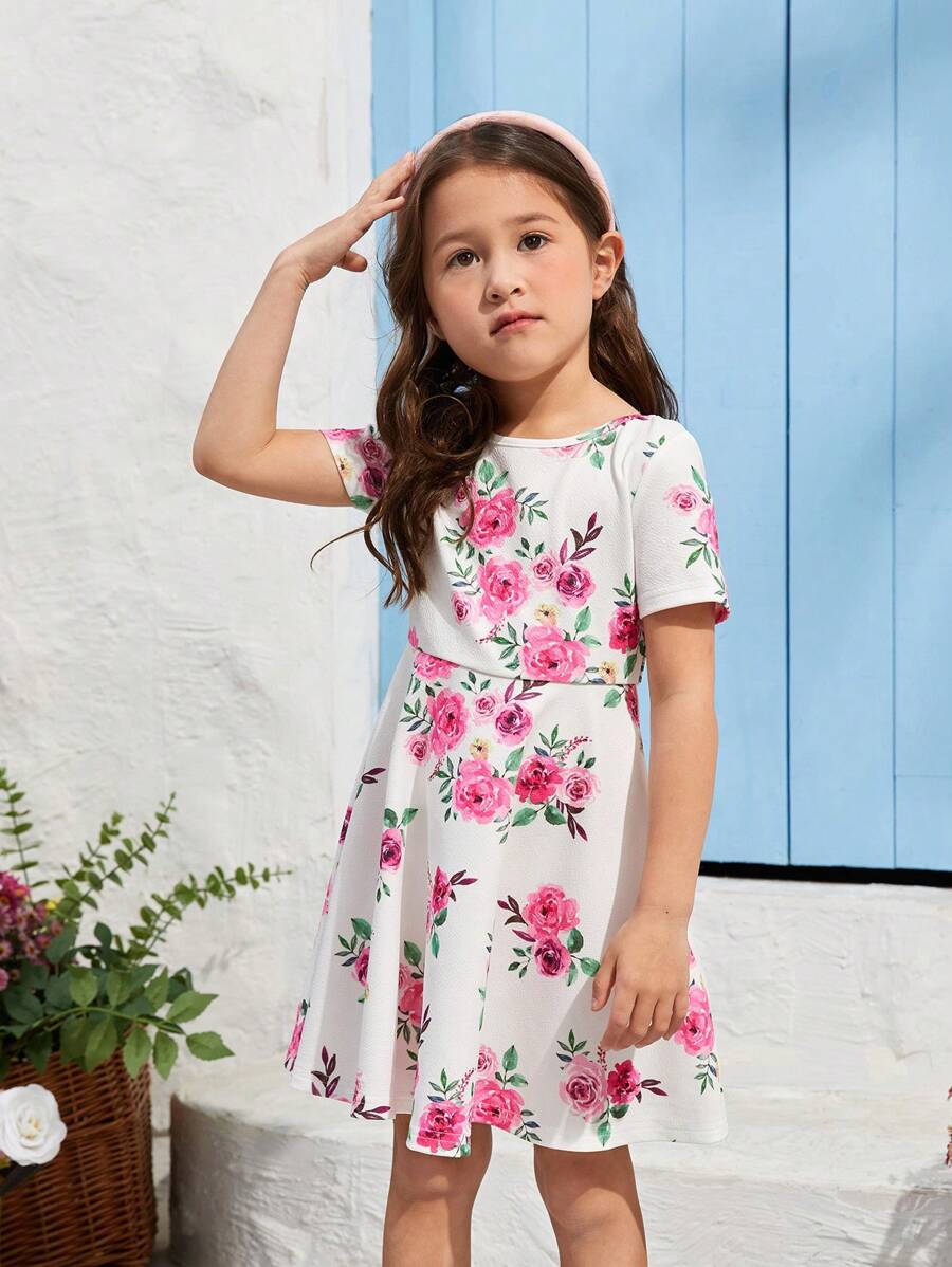 SHEIN Kids SUNSHNE Young Girl's Slim Fit Knit Floral Print Round Neck ...