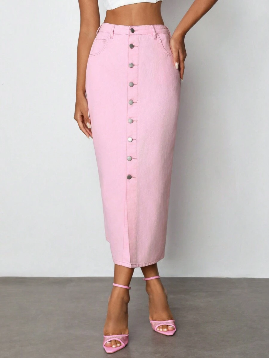 Cocobby Designer Women Pink Denim Maxi Skirt 100 Cotton Shein Asia