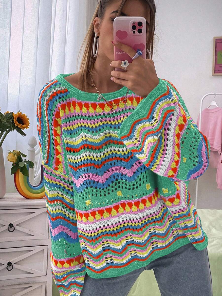 SHEIN EZwear Women's Colorful Wave Pattern Drop Shoulder Sweater, Great ...