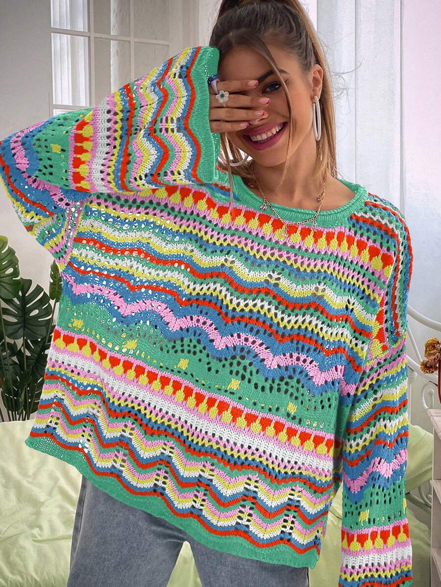 SHEIN EZwear Women's Colorful Wave Pattern Drop Shoulder Sweater, Great ...