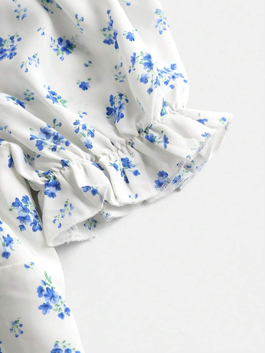 SHEIN Teen Girl's Blue Floral Print Dress With Ruched Bust, Bow Tie And ...