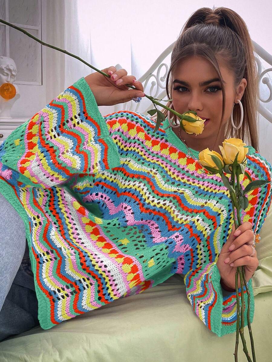 SHEIN EZwear Women's Colorful Wave Pattern Drop Shoulder Sweater, Great ...