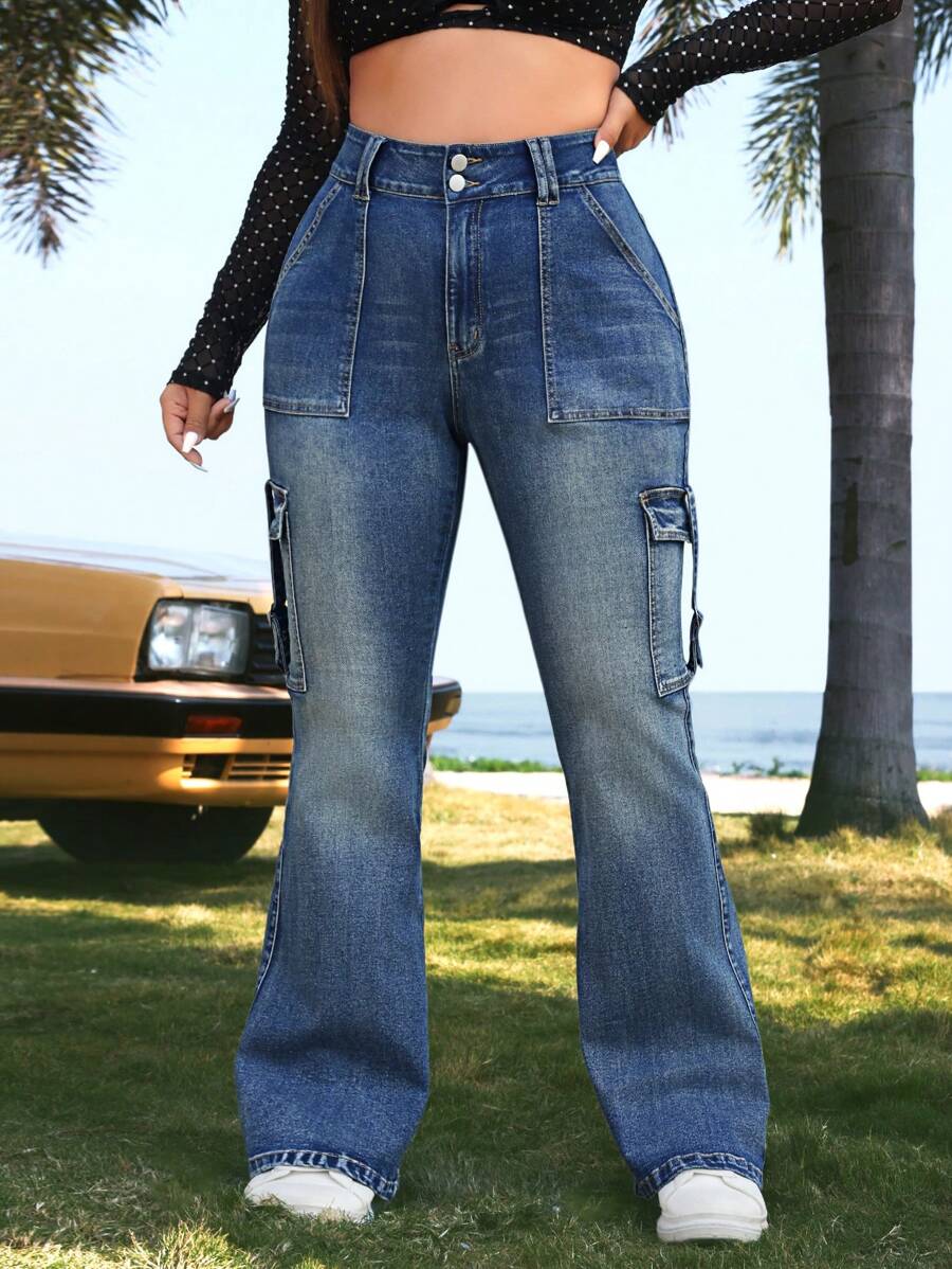 SHEIN ICON Plus Size Women's Blue Denim Flared Jeans for Sale New ...