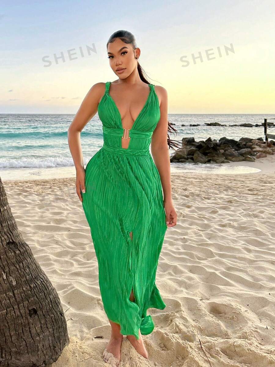 SHEIN SXY Women's Sleeveless Pleated Fabric Deep V-Neck Long Summer Beach Swing Sexy Dress ...