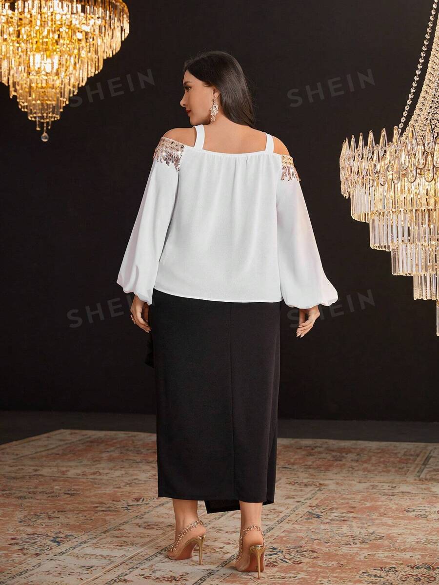 SHEIN Modely Plus Size Sparkly Sequin Open Shoulder Lantern Sleeve Top ...