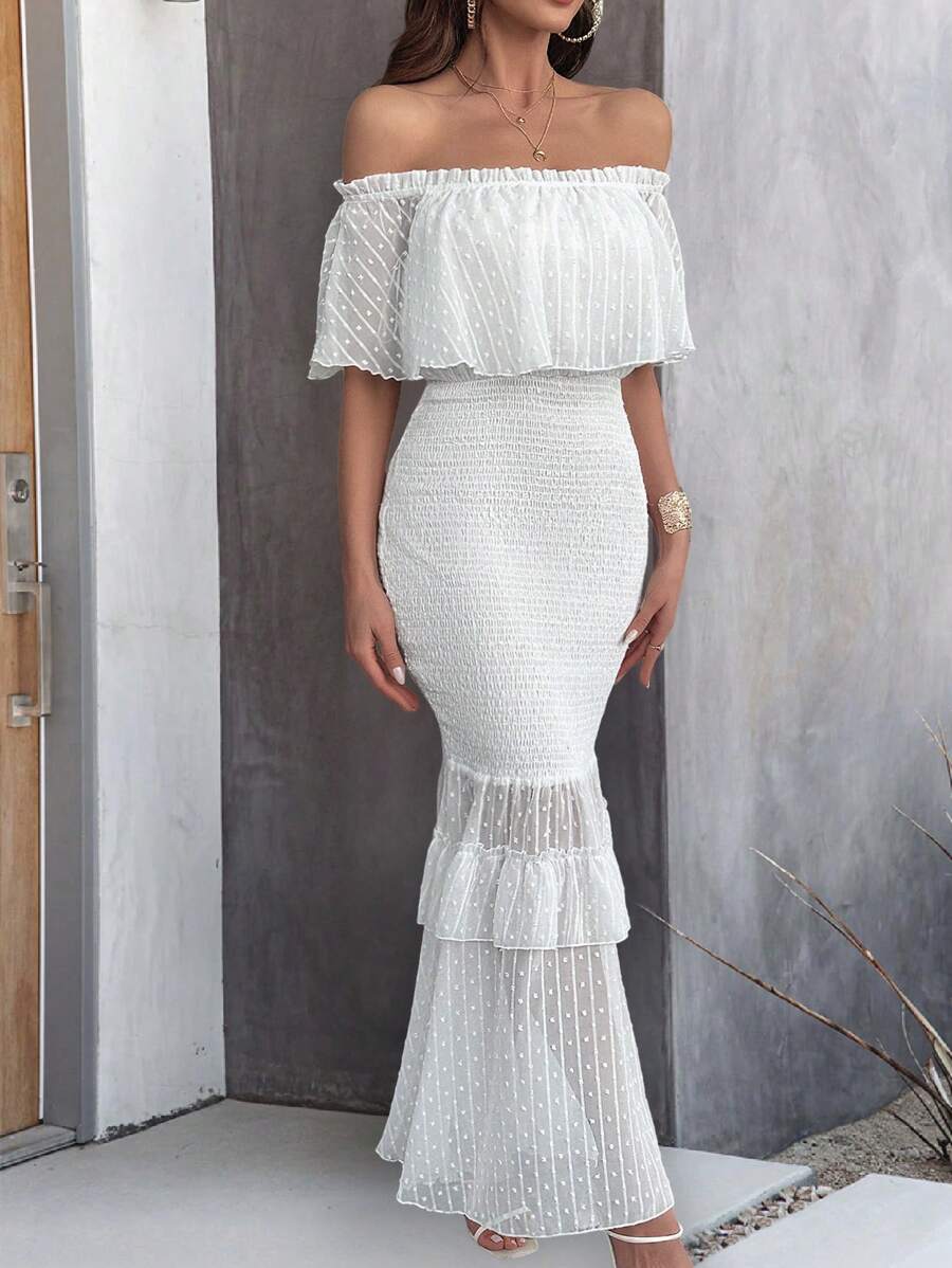 Chiquease Women's Off Shoulder Shirred Fish Tail Hem Dress Maxi Women ...