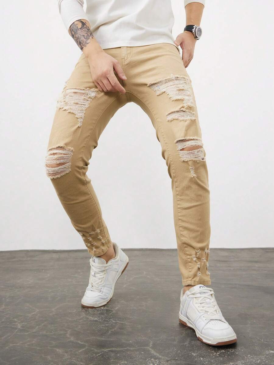 ROMWE Street Life Men's Slim Fit Denim Jeans With Ripped Details And ...