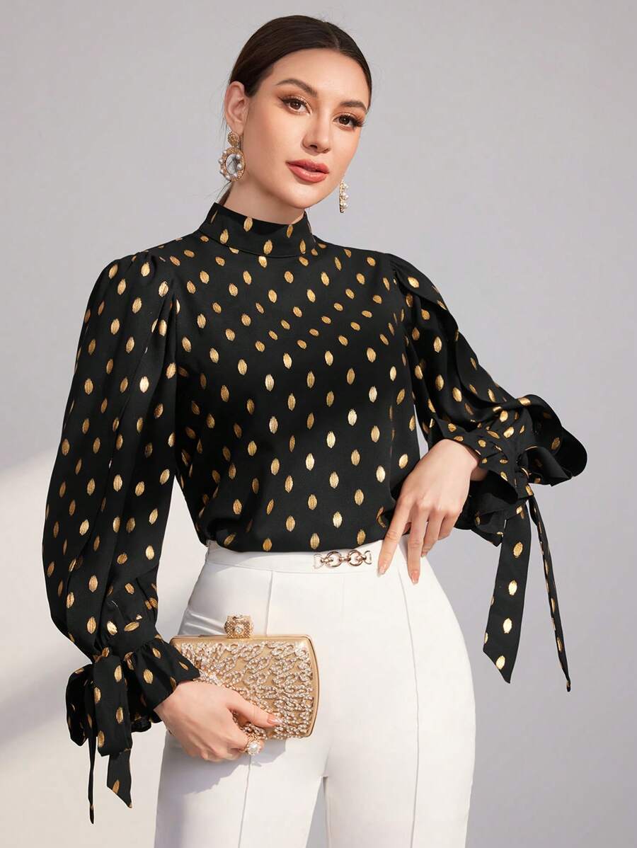 SHEIN Modely Women's Stand Collar Polka Dot Shirt With Gold Foil ...