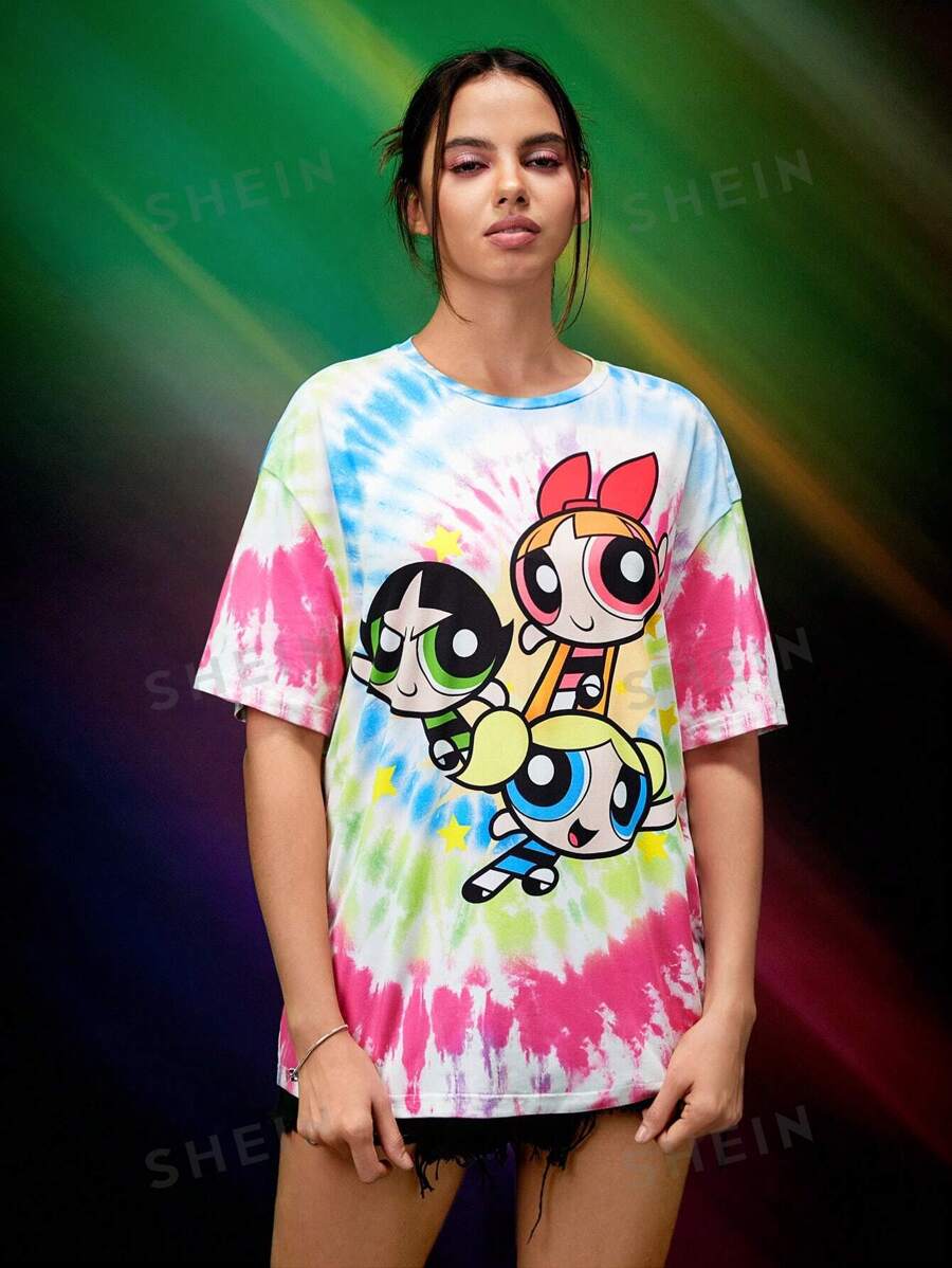 THE POWERPUFF GIRLS X SHEIN Cartoon And Tie Dye Print Tee | SHEIN USA