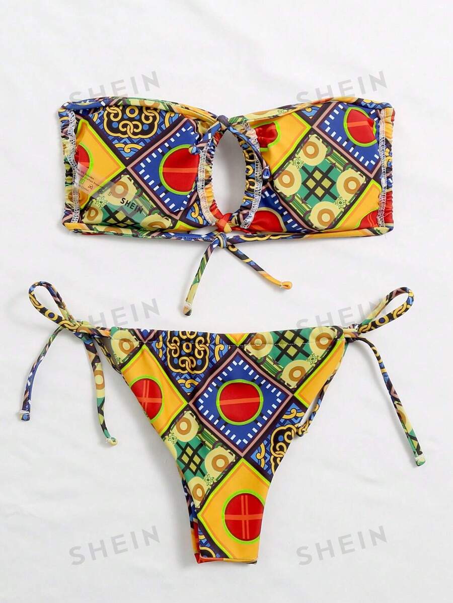 Shein Swim Conjunto De Bikini Con Estampado Mixto Sujetador Bandeau