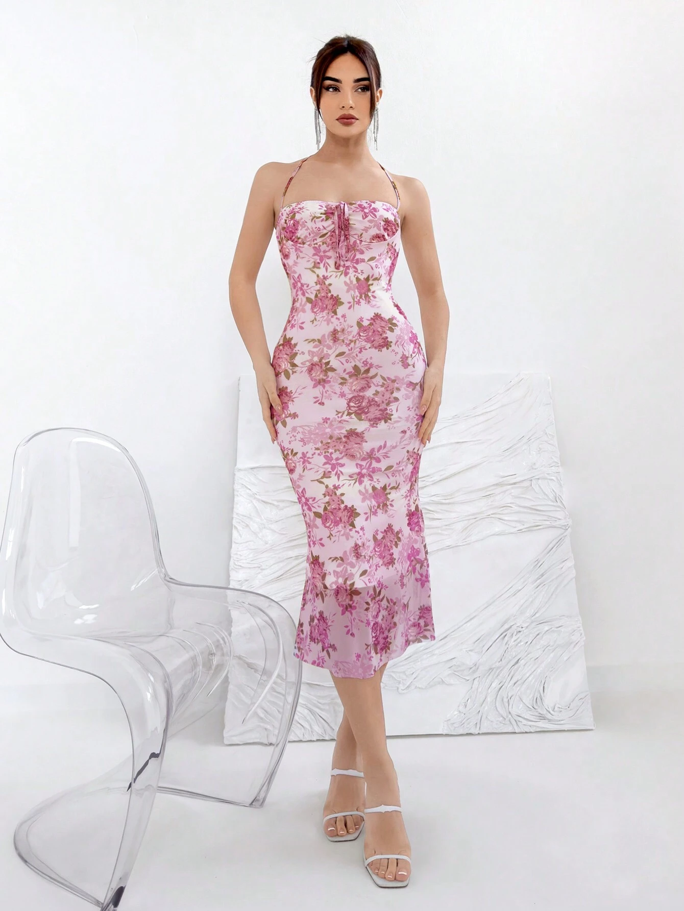 SHEIN Aloruh Flower Print Slim Fit Midi Dress With Halter Neck And ...