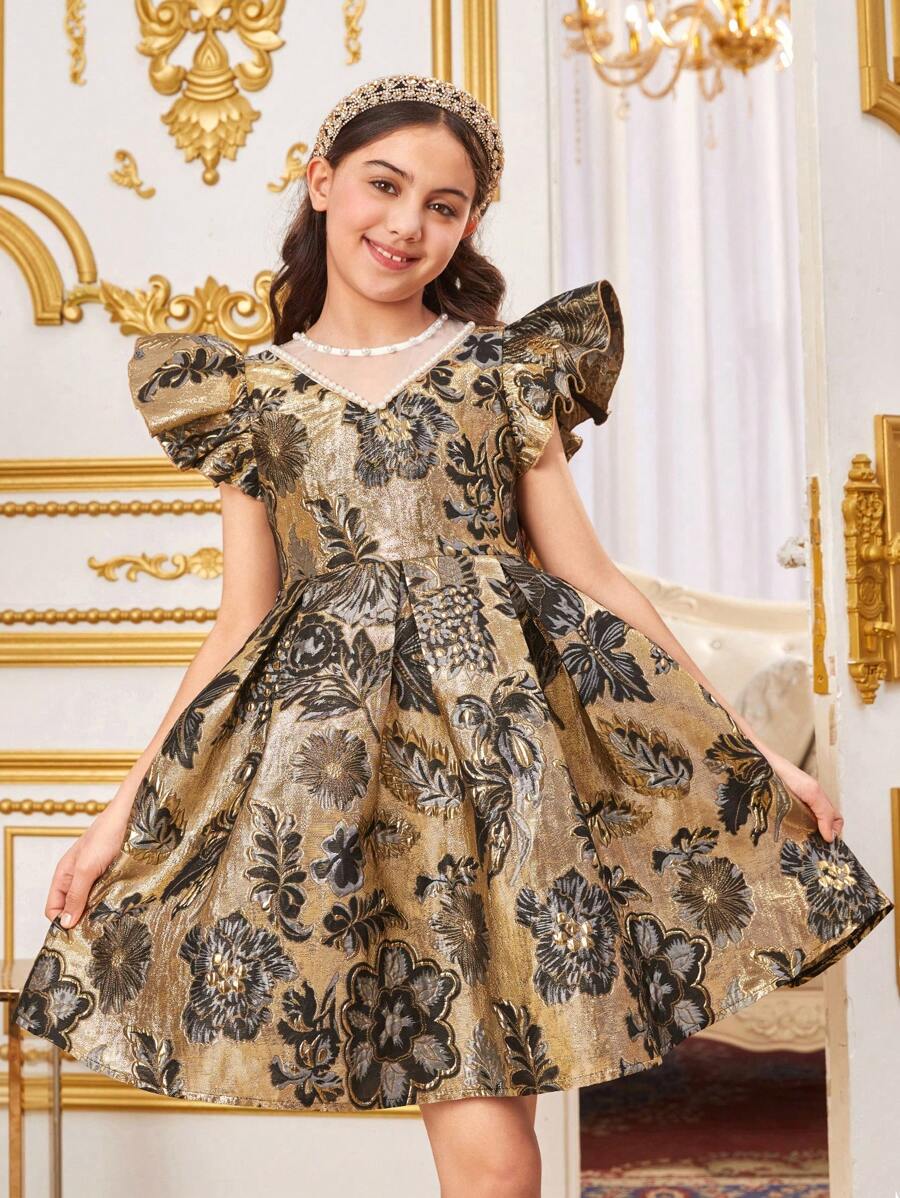 SHEIN Kids Nujoom Tween Girls' Floral Jacquard Round Neck Midi Dress ...