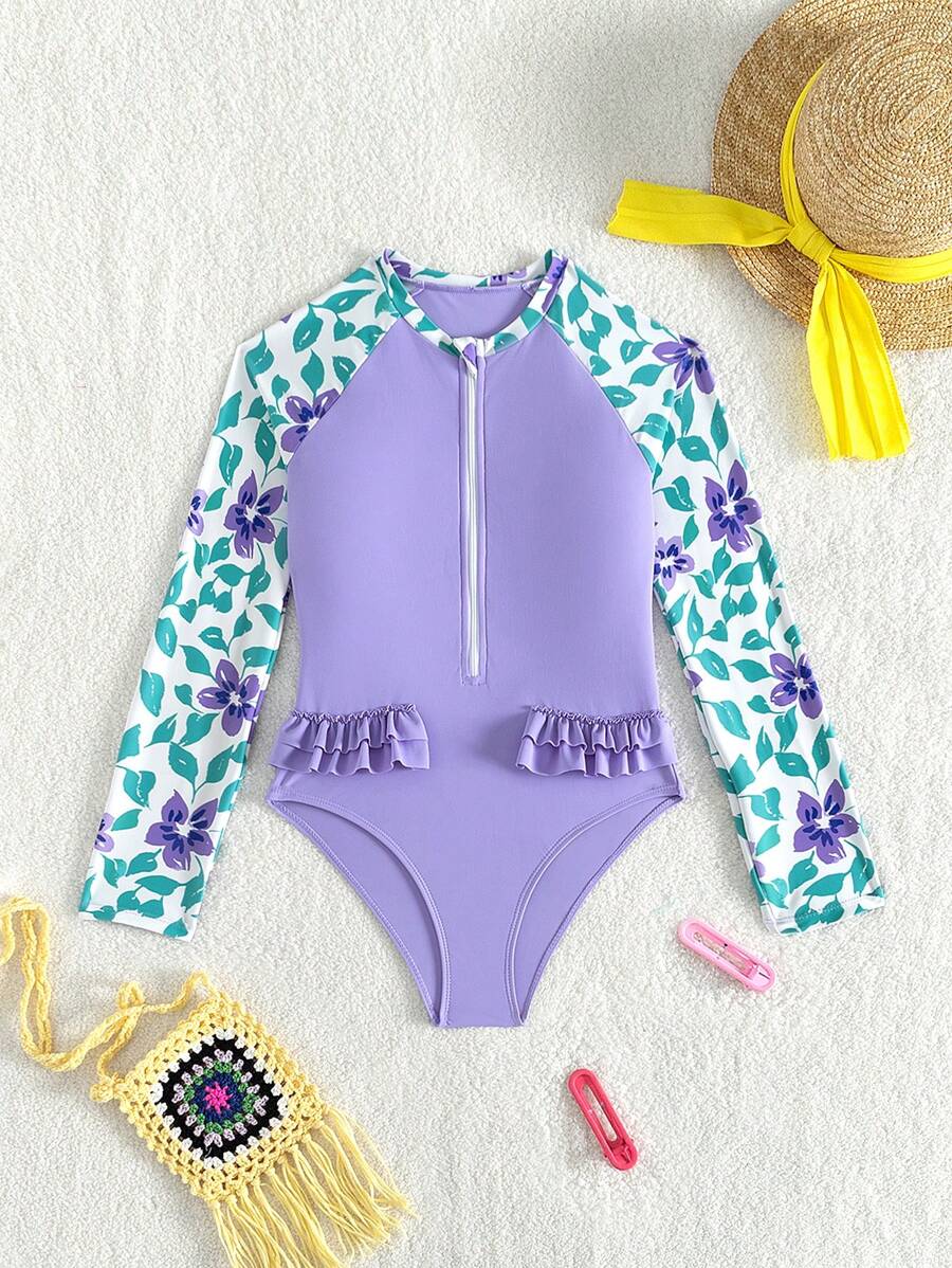Tween Girls' Floral Print Zip Front One-Piece Swimsuit With Raglan ...