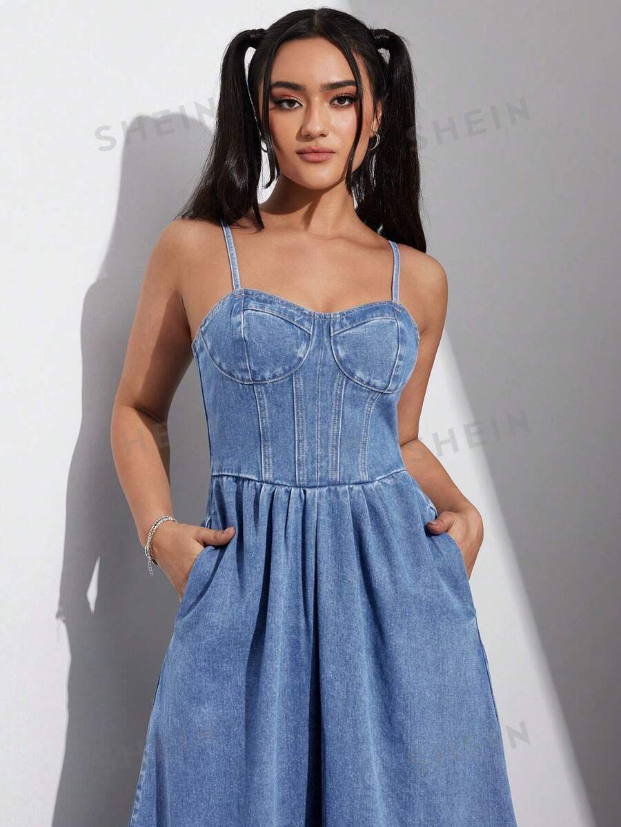 SHEIN EZwear Denim Sundress With Hidden Pocket And Spaghetti Straps ...