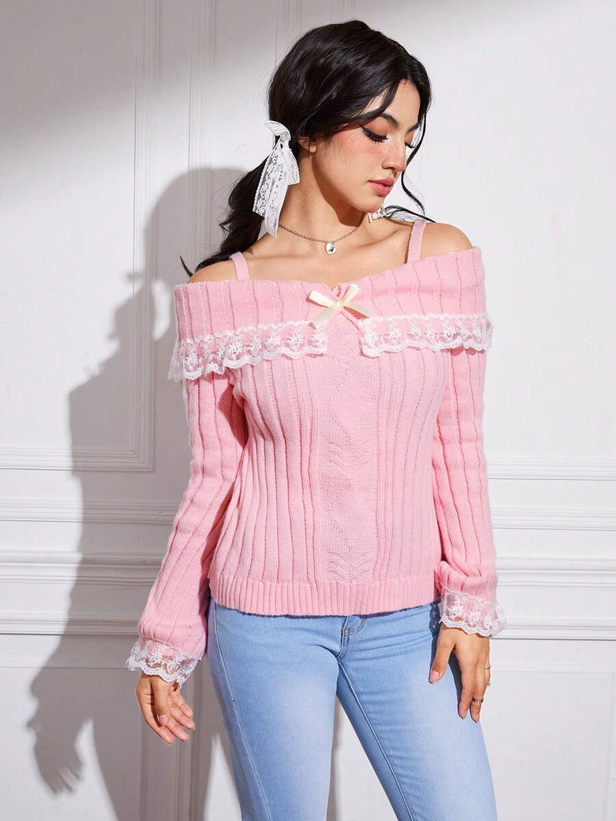 ROMWE Kawaii Contrast Lace Bow Front Cold Shoulder Sweater | SHEIN UK