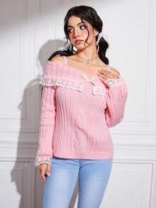 ROMWE Kawaii Contrast Lace Bow Front Cold Shoulder Sweater | SHEIN UK