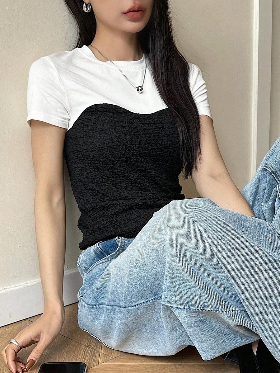 DAZY Ladies' Color Block Stitching Two-In-One Round Neck Slim Fit Short Sleeve T-Shirt | SHEIN ...