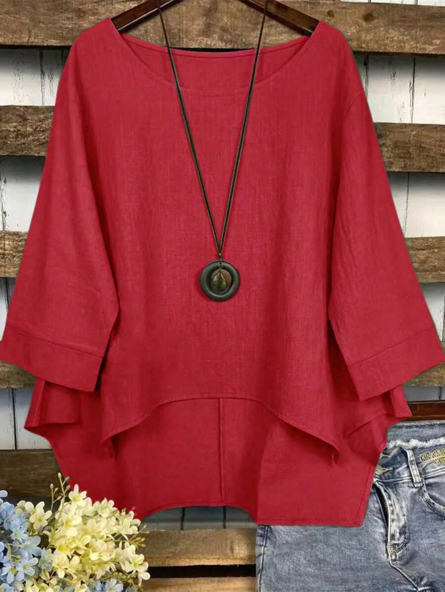 Women's Round Neck High-Low Hem Blouse | SHEIN UK