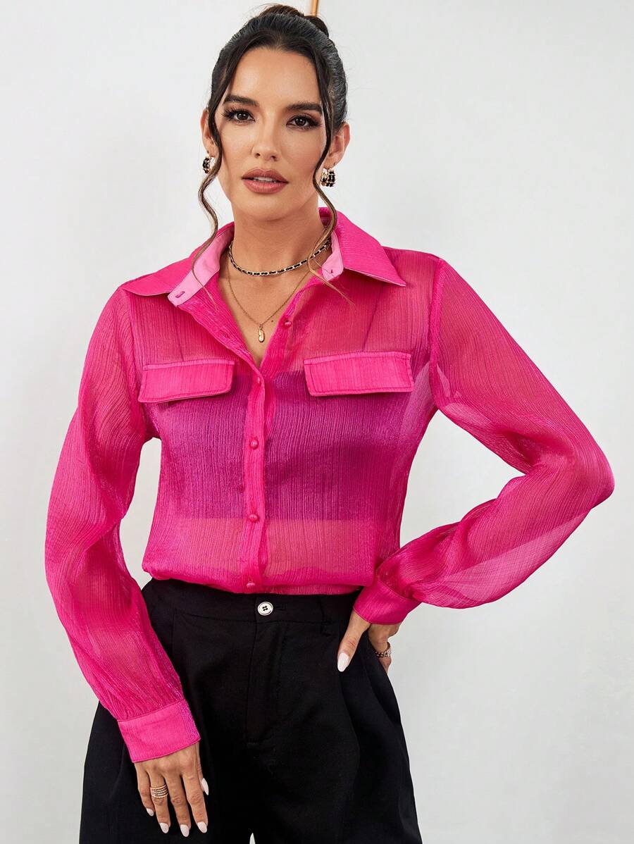 SHEIN Privé Women's Sheer Sheer Sheer Rose Red Long Sleeve Shirt | SHEIN