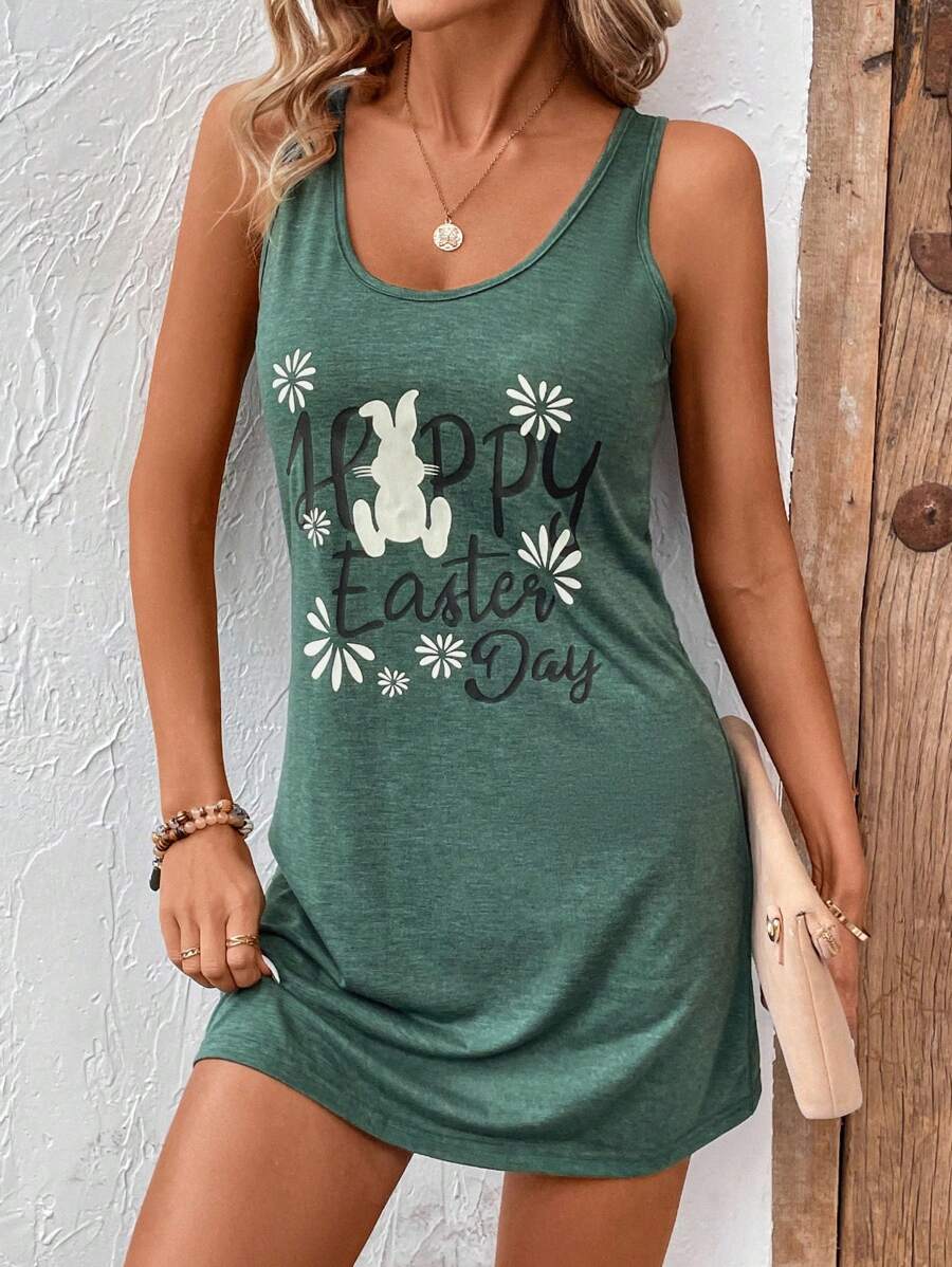SHEIN LUNE Easter Summer Women's Green Sleeveless Dress With U-Neck ...