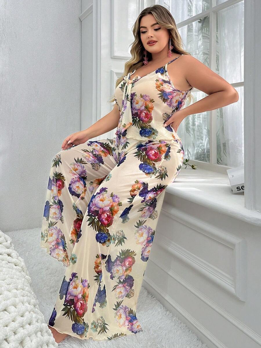 Floral Print Mesh Perspective Plus Size Pajamas Set | SHEIN USA