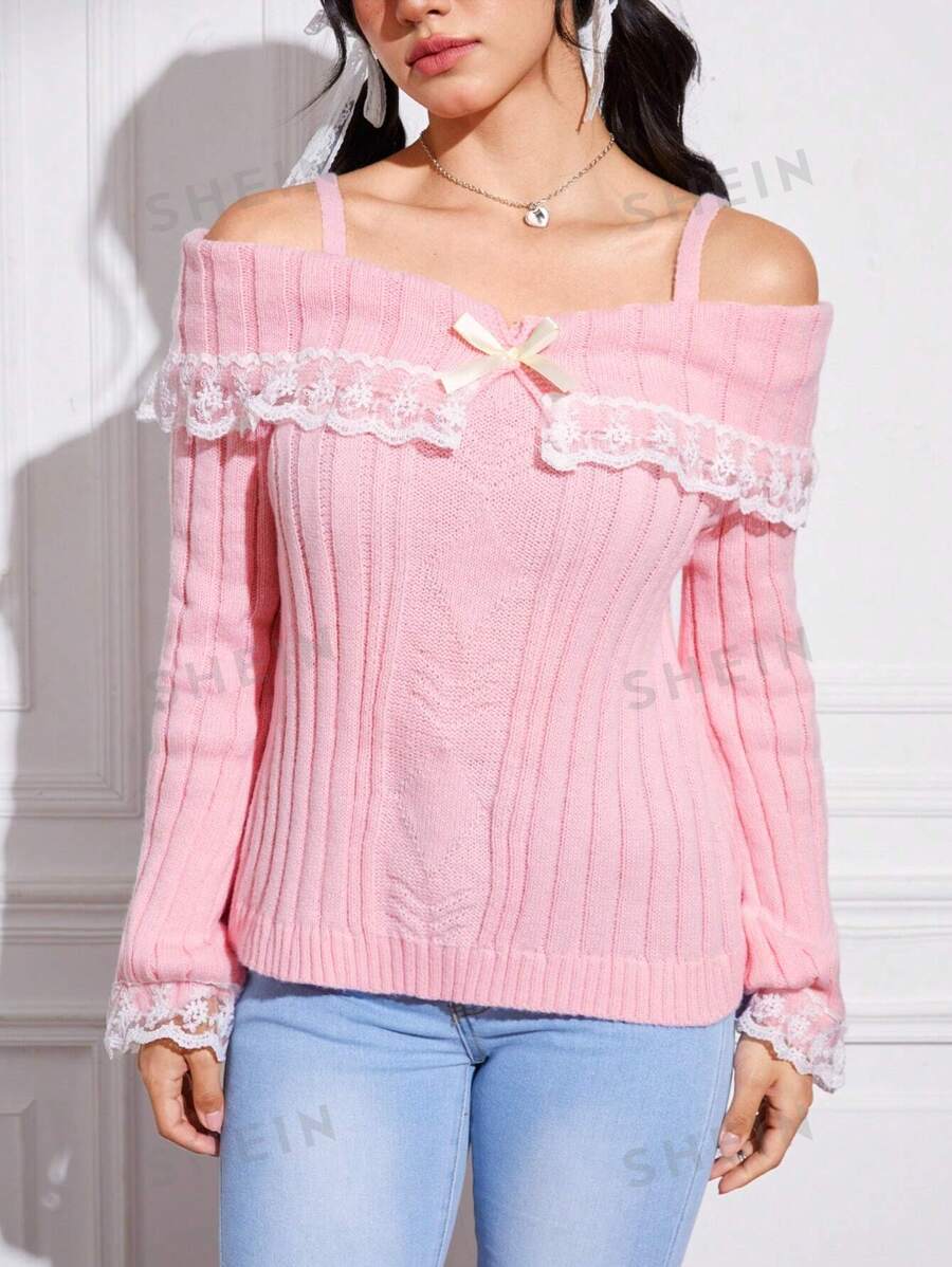 ROMWE Kawaii Contrast Lace Bow Front Cold Shoulder Sweater | SHEIN UK