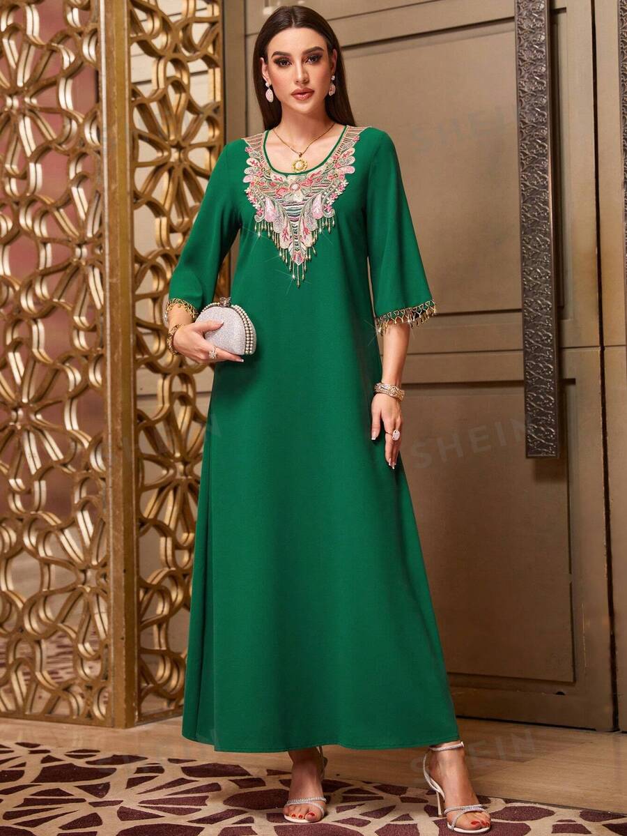 SHEIN Najma Robe Longue Arabe À Manches Trois-quarts Lourdes En ...