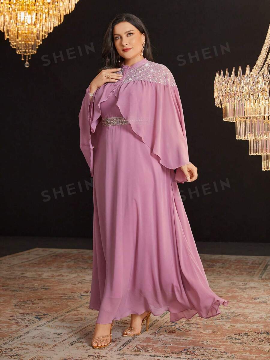 SHEIN Modely Plus Size Women's Glittery Kaftan Dress With Shawl Collar ...