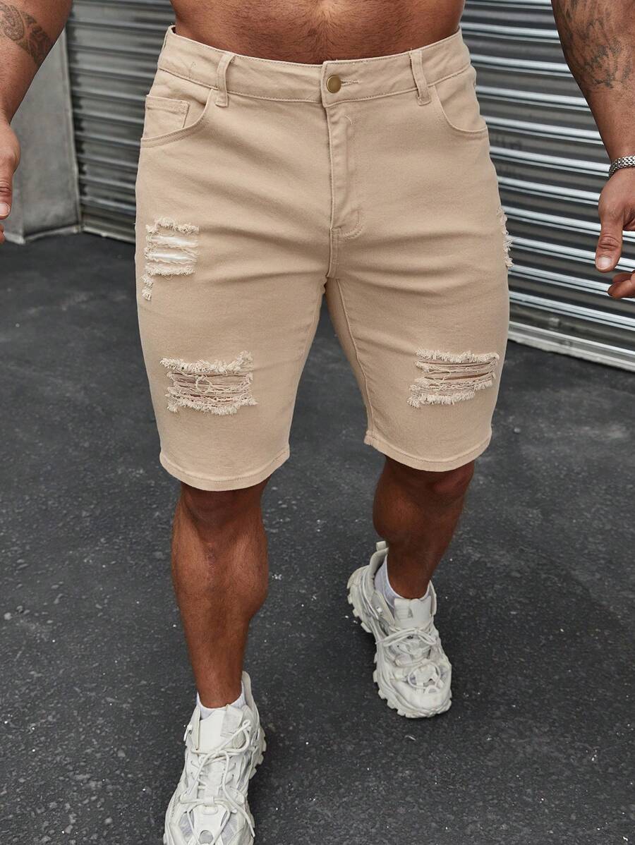 Manfinity LEGND Men's Tight Fit Ripped Denim Shorts Plain Jorts Khaki ...