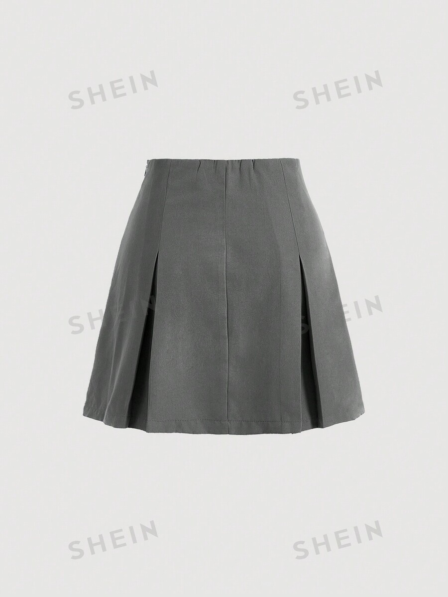 SHEIN MOD Saia Feminina Plissada Cinza Mini Preta Com Botões | SHEIN Brasil