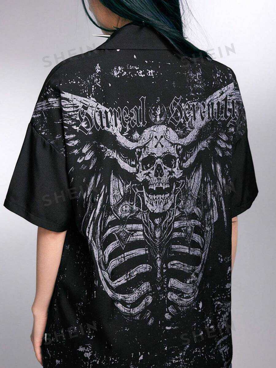 ROMWE Grunge Punk Camisa Estampada Con Estilo Punk De Cráneo Y Alas ...
