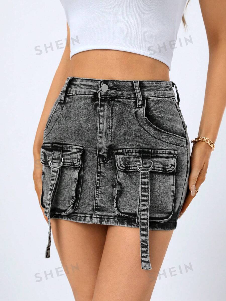 SHEIN Tall Utility Style Super Short Denim Skirt | SHEIN USA