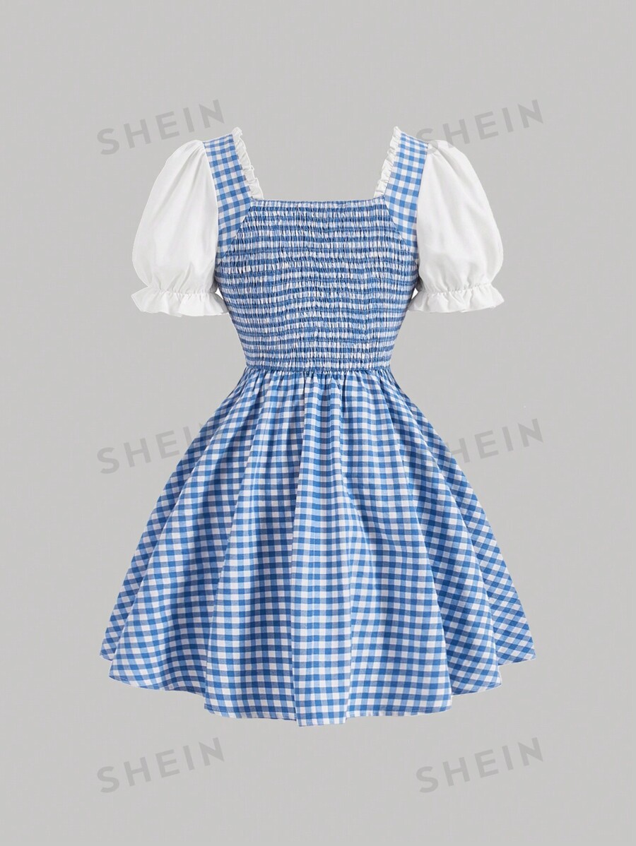 SHEIN MOD Vintage Blue Plaid Patchwork Women's Dress | SHEIN UK