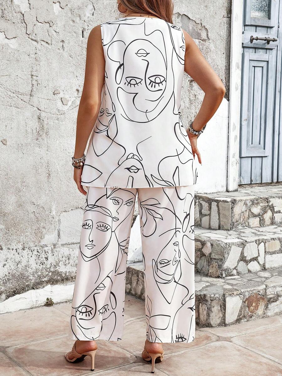 SHEIN Relaxiva Plus Size Women's Abstract Face Pattern Vest And Long ...