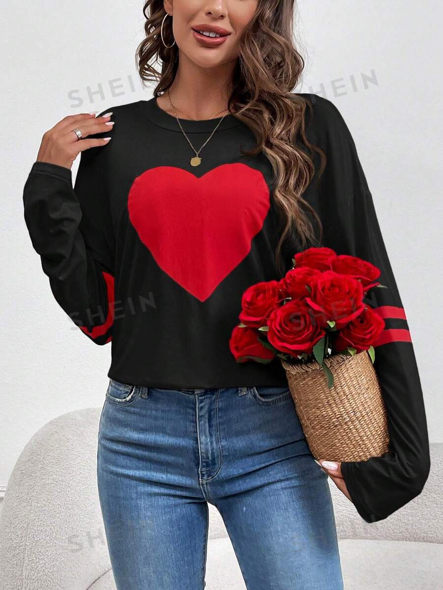 SHEIN LUNE Camiseta De Manga Comprida Com Estampa De Coração De Amor ...