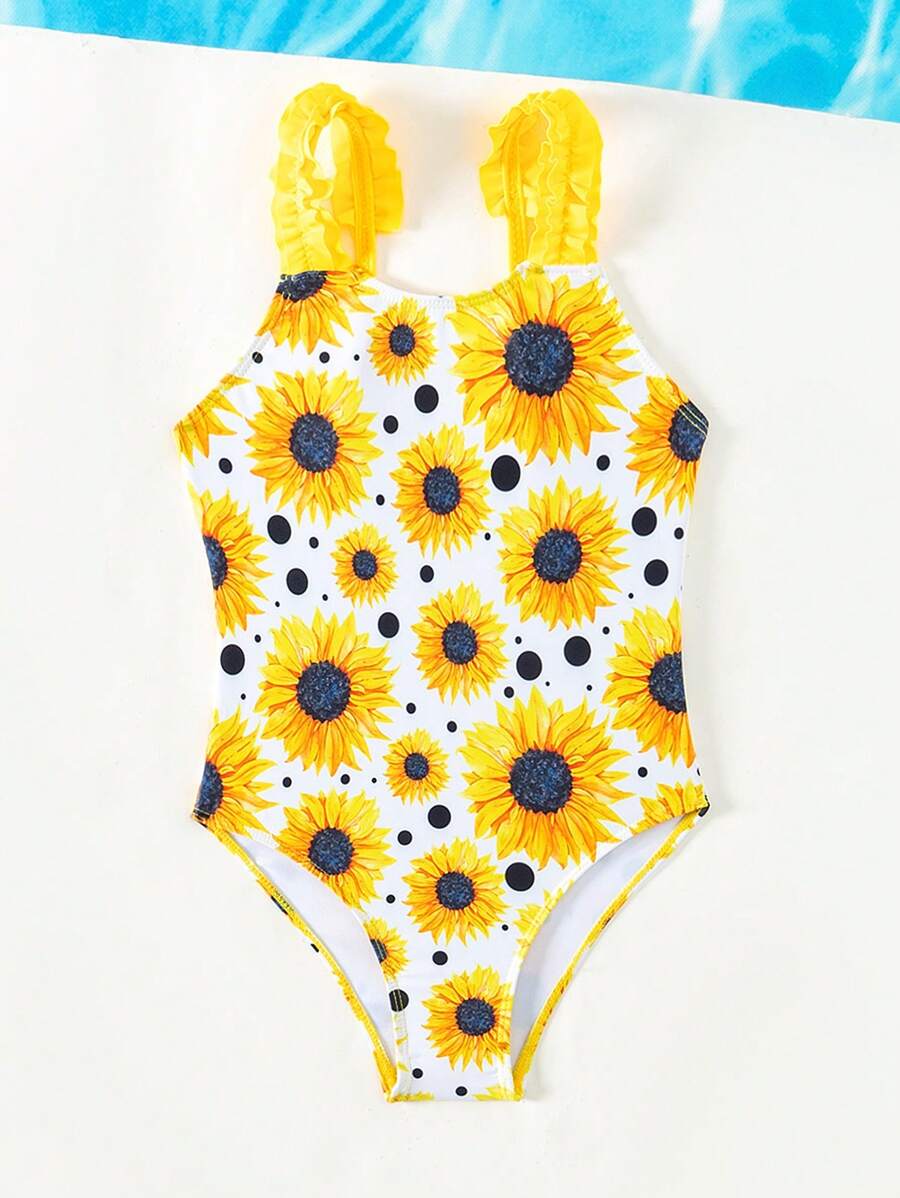 子供用水着 ワンピース ひまわり柄 ラッフルディテール | SHEIN JAPAN