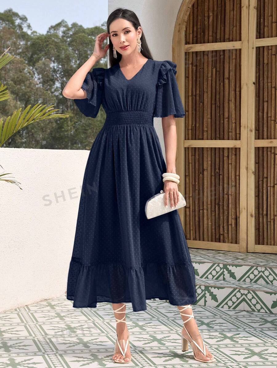 Shein Mulvari فستان نسائي بخصر عربي من النقط السويسرية شي إن