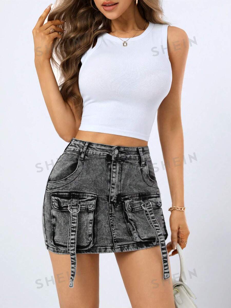 SHEIN Tall Utility Style Super Short Denim Skirt | SHEIN USA