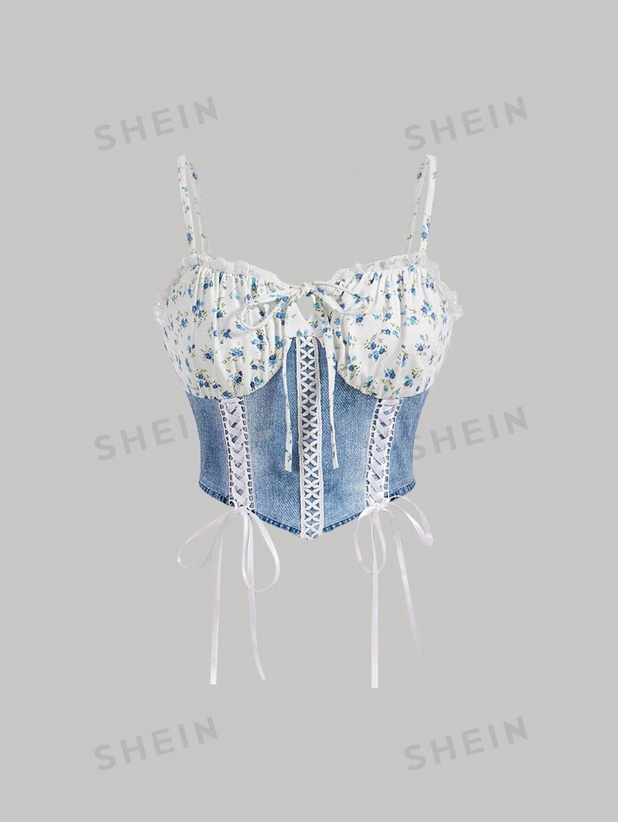 SHEIN MOD Women Summer Ditsy Floral Print Denim Effect Tie Detail Cami ...