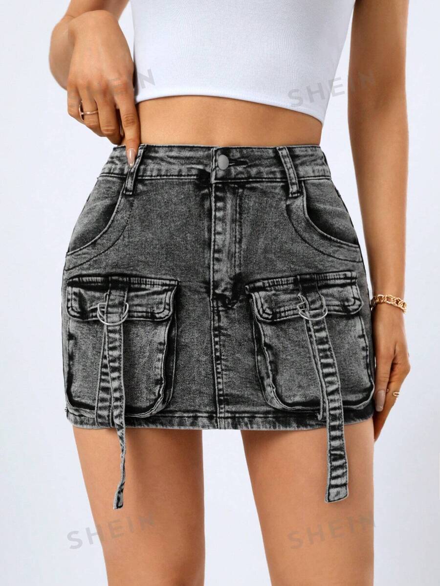 SHEIN Tall Utility Style Super Short Denim Skirt | SHEIN USA