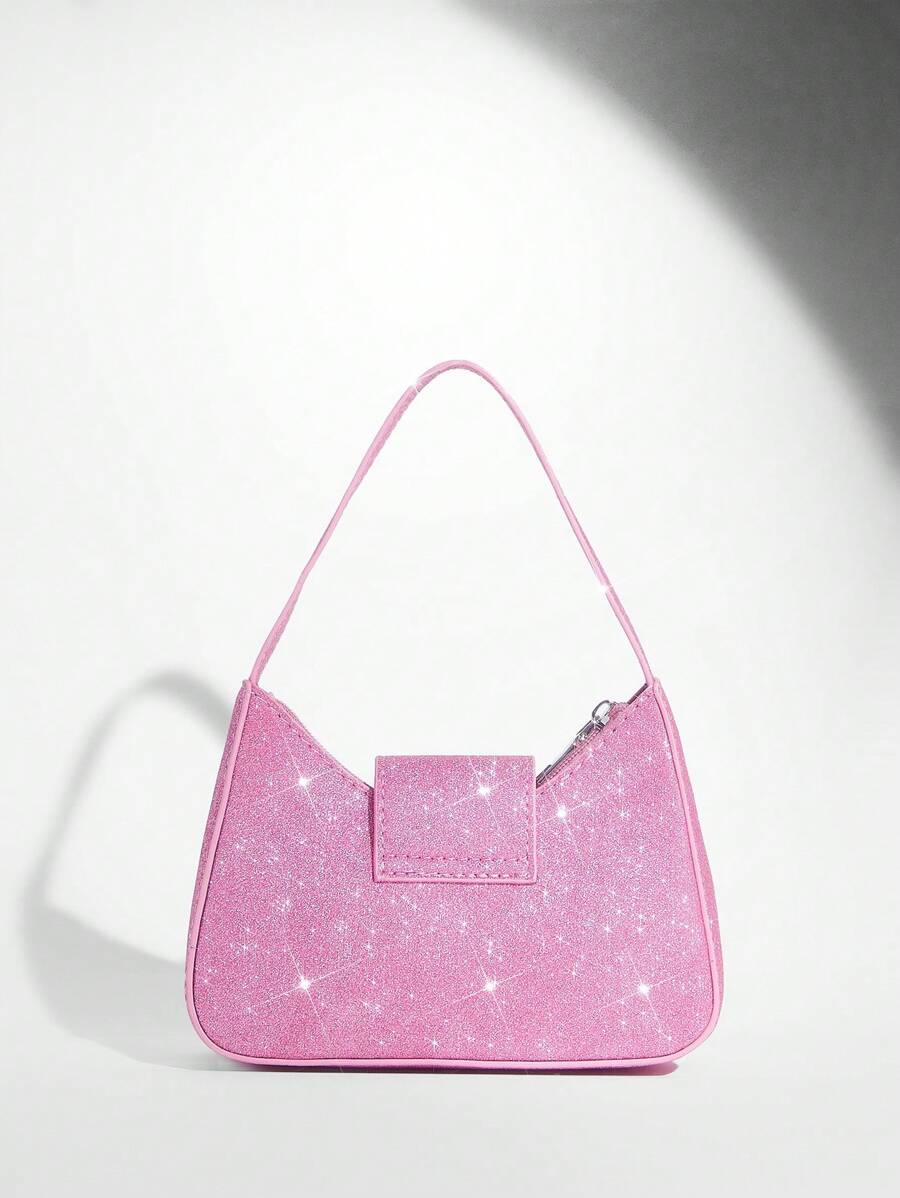 SHEIN BAE Women's Fashionable Pink Glitter Rhinestone Flower Decorated ...