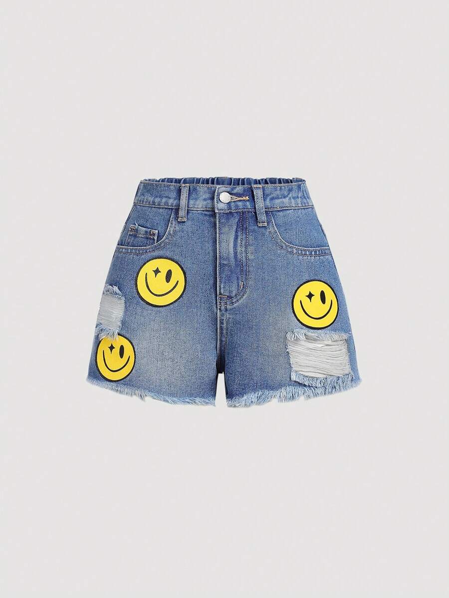 SHEIN Tween Girl Cute Fun Smile Print Distressed Water Washed Casual ...