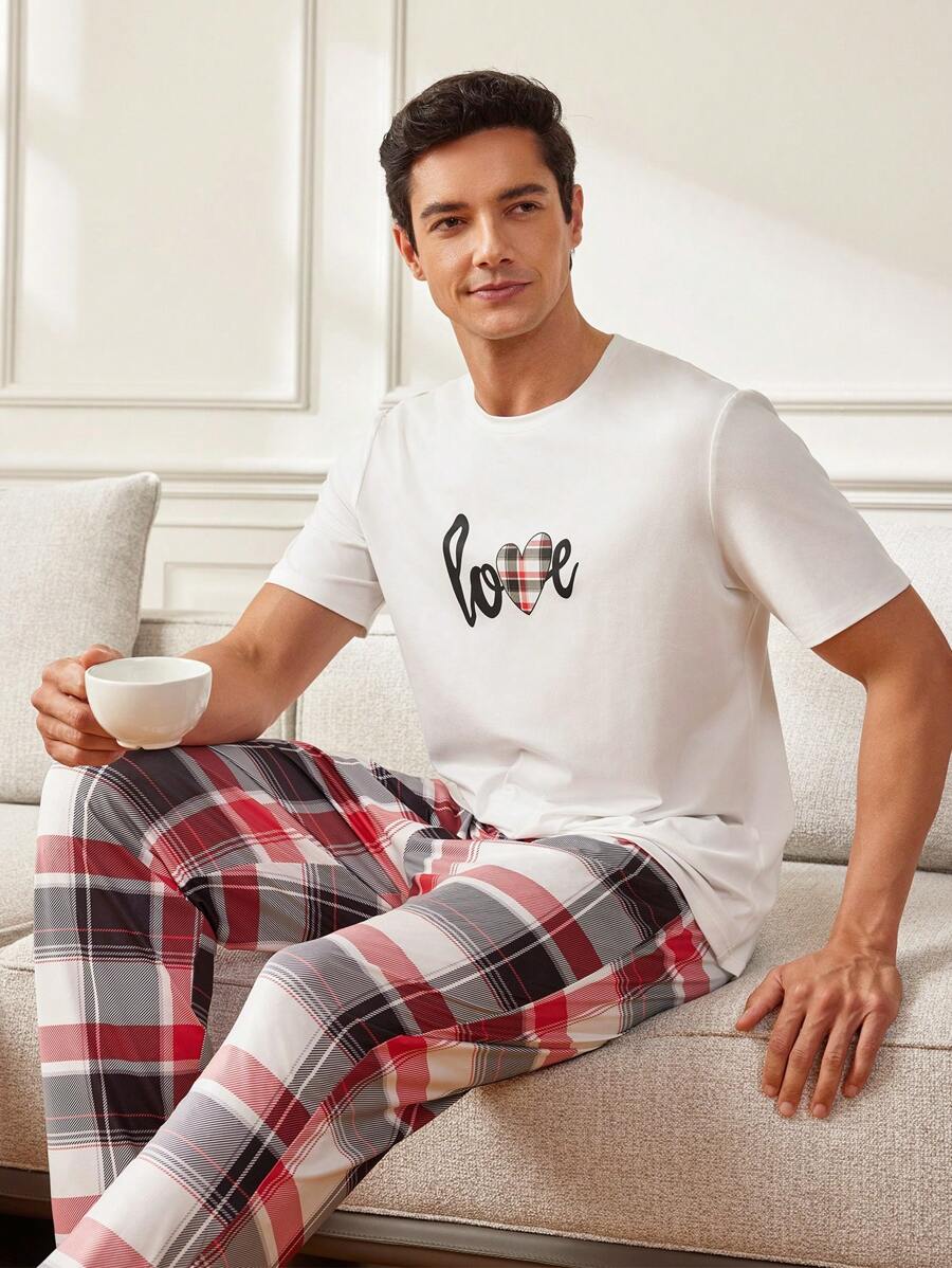 Men's Letter Print Short Sleeve T-Shirt And Plaid Pants Homewear Set ...