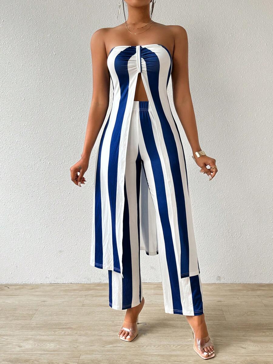 Chiquease 2pcs/Set Colorblock Random Print Strapless Top And Pants ...