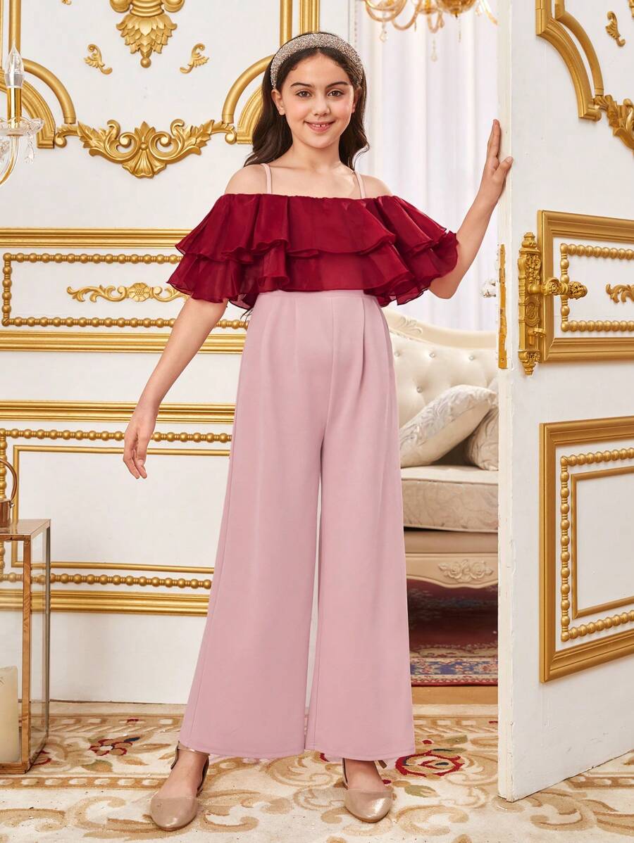 SHEIN Tween Girl Cute Cold Shoulder Double Layered Mesh Ruffle Jumpsuit ...